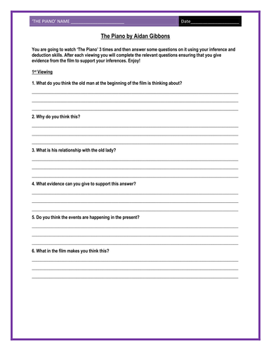 Inference questions for Year 6 based on 'The Piano' by Aidan Gibbons ...
