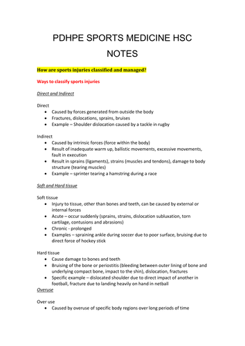 HSC PDHPE Sports Medecine Notes | Teaching Resources