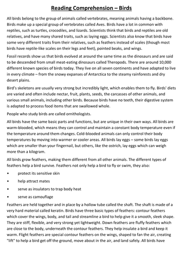 KS2/KS3 Science-based VCOP/Comprehension Worksheets: Amphibians, Birds ...