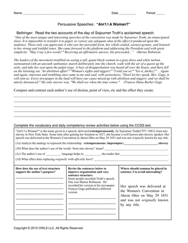 Ain't I A Woman Close Reading (Women's History) | Teaching Resources