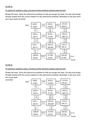Subtraction puzzles 4 digit subtraction and decimal subtraction ...