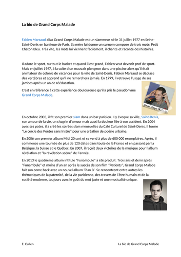 Grand Corps Malade Study | Teaching Resources