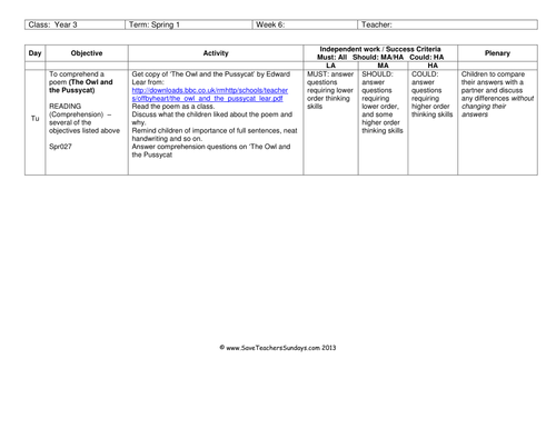 Year 3/4 Poetry Comprehension Lesson Plan and Worksheets (4 levels of ...