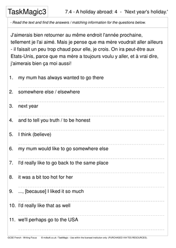 GCSE French writing focus "holiday abroad / les vacances à l'étranger ...