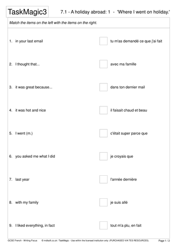 GCSE French writing focus "holiday abroad / les vacances à l'étranger ...