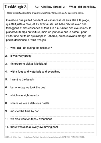 GCSE French writing focus "holiday abroad / les vacances à l'étranger ...
