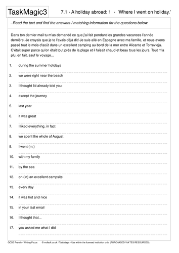GCSE French writing focus "holiday abroad / les vacances à l'étranger ...
