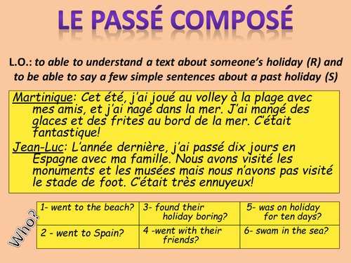 KS3 French - Holidays and 'passé composé' with 'avoir/être' verbs ...