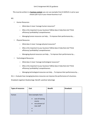 BTEC Business unit 2 M1 D1 help - writing frame - Business resources ...