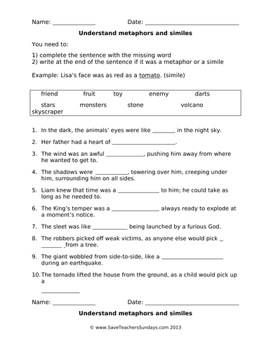 Similes, Metaphors and Personification Lesson Plan and Worksheets ...