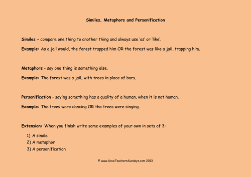 Similes, Metaphors and Personification Lesson Plan and Worksheets ...