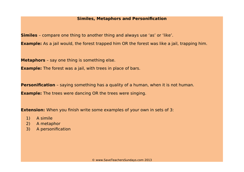 Similes, Metaphors and Personification Lesson Plan and Worksheets ...