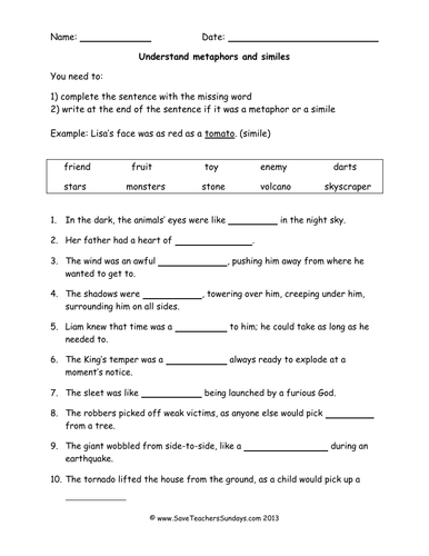 Similes, Metaphors and Personification Lesson Plan and Worksheets ...