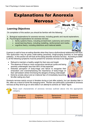 Option 2 Eating Behaviour Week 16 Workbook - Explanations for Anorexia ...
