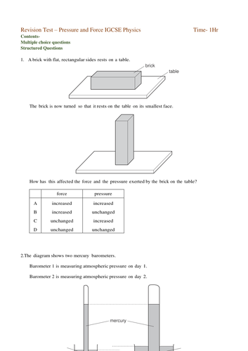 Revision Test IGCSE Physics Force and Pressure | Teaching Resources