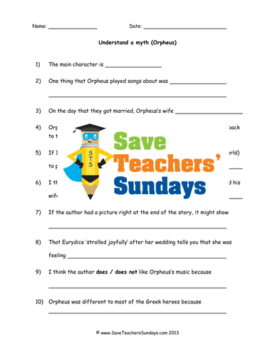 Myths and Legends Comprehension Lesson Plan and Worksheets (3 ...