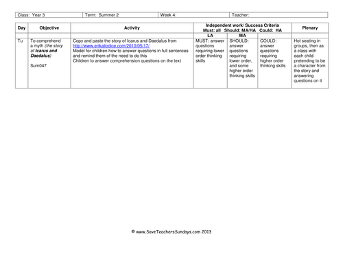 Myths and Legends Comprehension Lesson Plan and Worksheets (4 ...