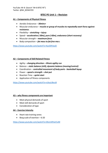 BTEC First in Sport (L2) Unit 1 Fitness for Sport & Exercise Revision ...