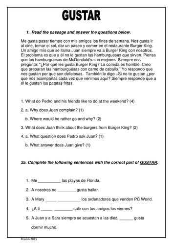 Spanish Grammar - Gustar | Teaching Resources