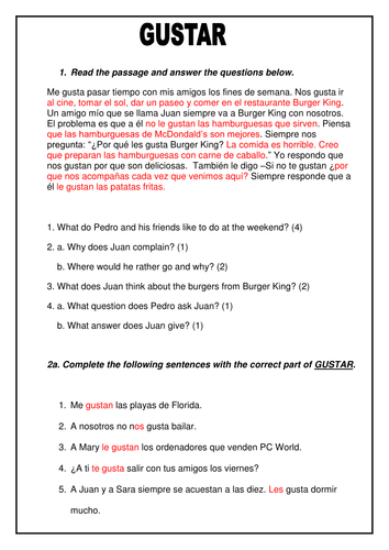 Spanish Grammar - Gustar | Teaching Resources