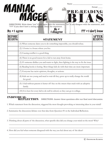 MANIAC MAGEE PreReading Bias | Teaching Resources