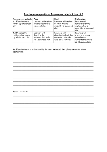 VCERT Food and Cookery L2 Criteria Unit 3 (Exam) 1.2 | Teaching Resources