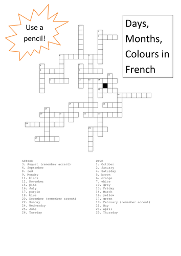 Days, months, colours crossword | Teaching Resources