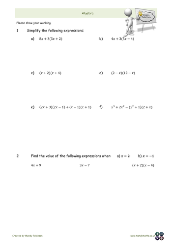 Algebra 14 page Workbook GCSE (with Full Solutions) | Teaching Resources