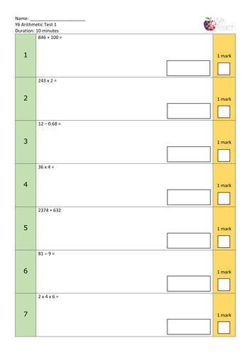 10 Minute KS2 arithmetic test | Teaching Resources