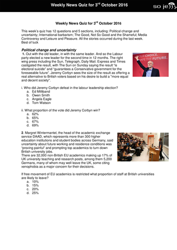 Weekly News Quiz - 3rd October 2016 | Teaching Resources