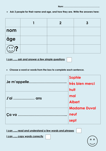 French basics - personal information assessment/self- assessment/peer ...
