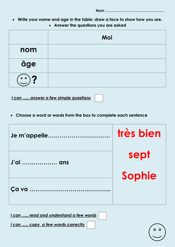 French basics - personal information assessment/self- assessment/peer ...