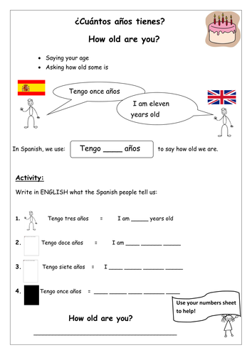 Spanish - Basic Worksheet Pack (Greetings, Name, Age, Colours, Numbers ...