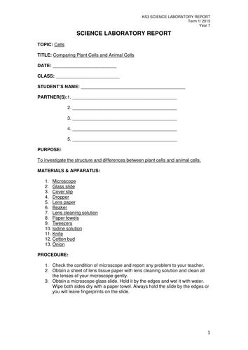 KS3 Science Cells Laboratory Reports | Teaching Resources