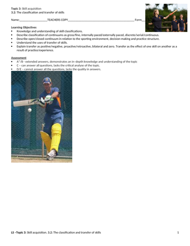 A-level PE EDEXCEL (Spec 2016) 3.2: The classification and transfer of ...