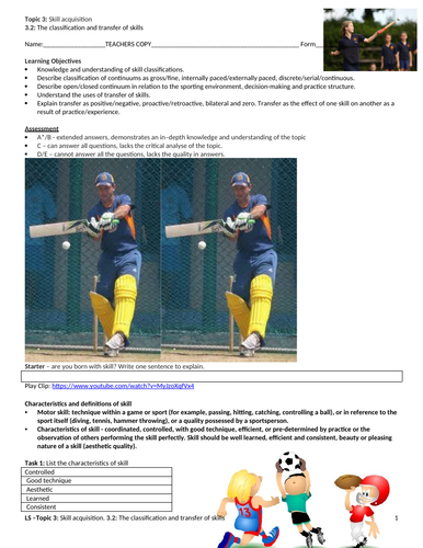 A-level PE EDEXCEL (Spec 2016) 3.2: The classification and transfer of ...