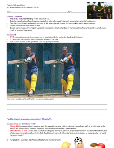 A-level Edexcel Spec 2016: Topic 3 Skill Acquisition Full Lessons ...
