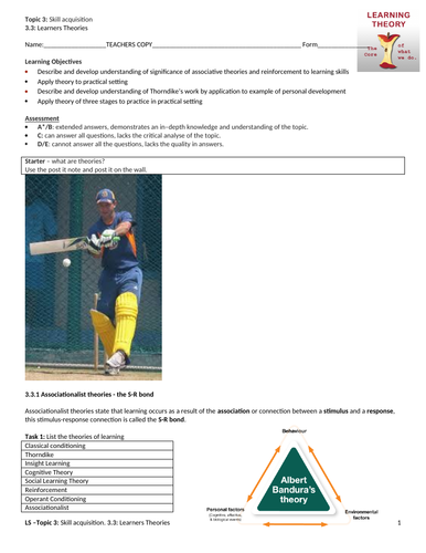 A-level PE EDEXCEL (Spec 2016) 3.3: Learners Theories | Teaching Resources