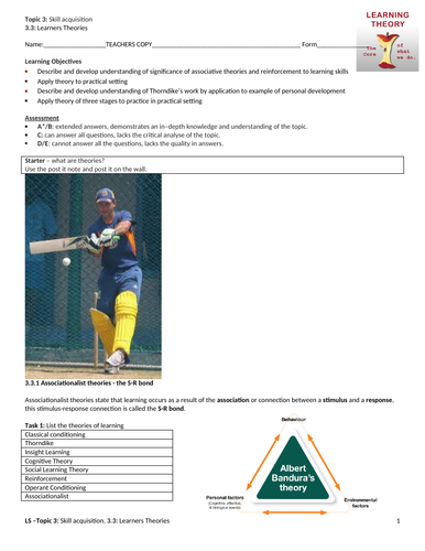 A-level PE EDEXCEL (Spec 2016) 3.3: Learners Theories | Teaching Resources