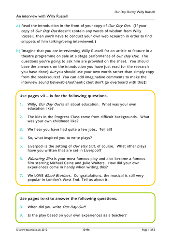 Our Day Out Willy Russell | Teaching Resources