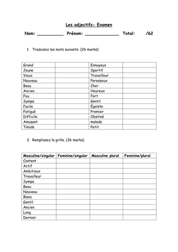 Les adjectifs/Adjectives | Teaching Resources