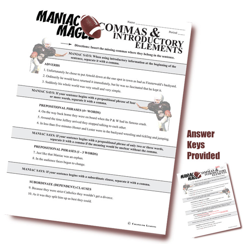 MANIAC MAGEE Grammar Commas Introductory Elements | Teaching Resources