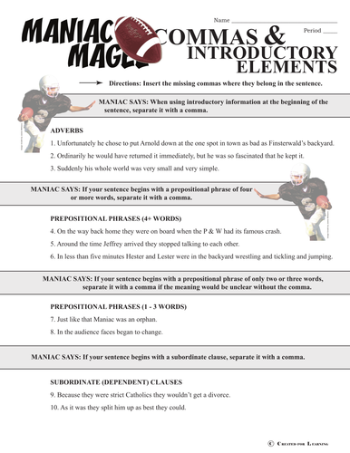 MANIAC MAGEE Grammar Commas Introductory Elements | Teaching Resources