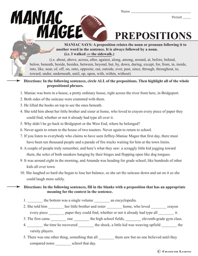 MANIAC MAGEE Grammar Prepositions | Teaching Resources
