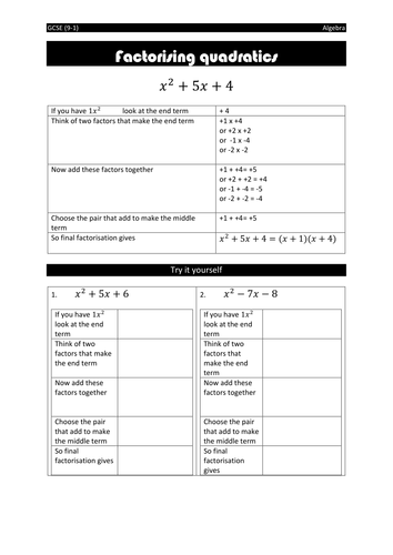 GCSE Quadratic Factorisation | Teaching Resources GCSE Quadratic Factorisation | Teaching Resources