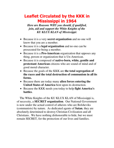 What were the key characteristics of the Ku Klux Klan | Teaching Resources
