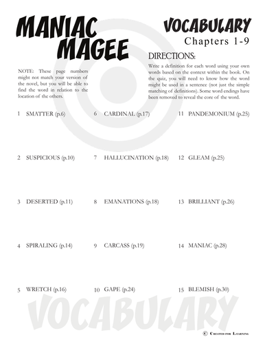 MANIAC MAGEE Vocabulary Complete Novel (75 words) | Teaching Resources