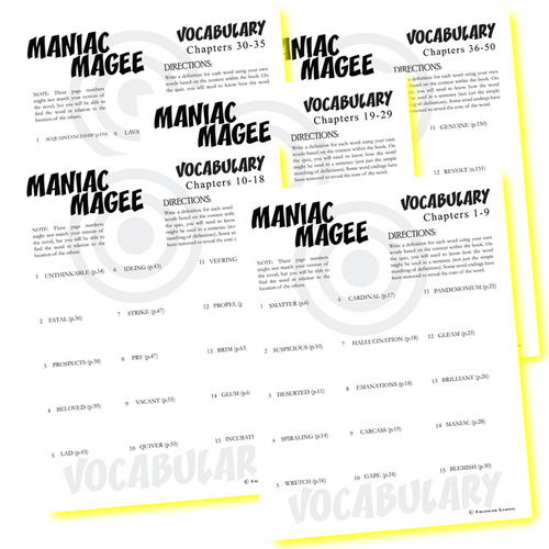 MANIAC MAGEE Vocabulary Complete Novel (75 words) | Teaching Resources