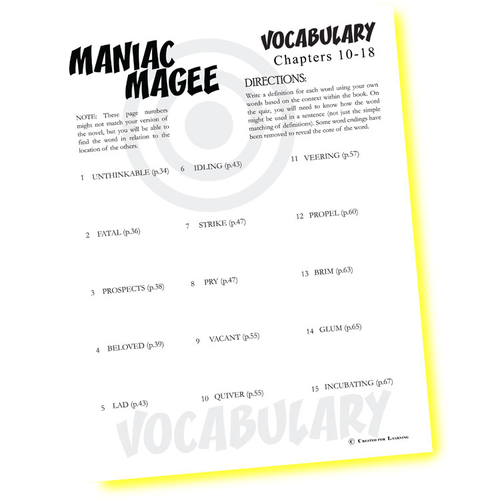 MANIAC MAGEE Vocabulary List and Quiz (chapters 10-18) | Teaching Resources