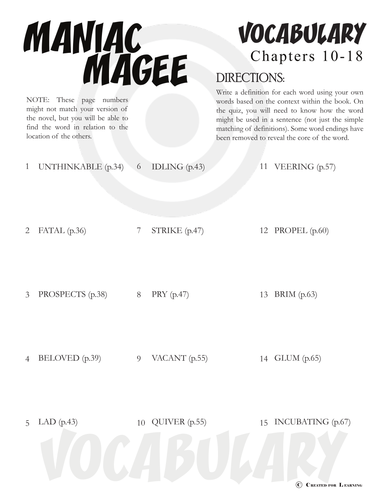 MANIAC MAGEE Vocabulary List and Quiz (chapters 10-18) | Teaching Resources